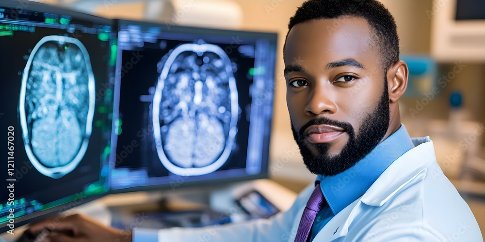 A medical professional analyzing brain scans on dual computer monitors ...