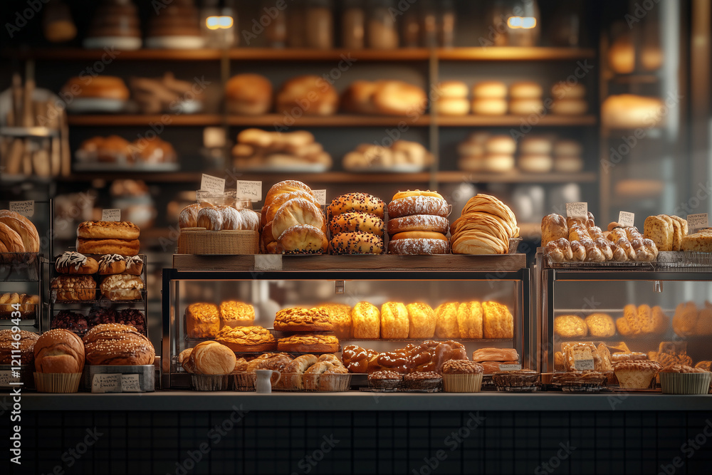 Bakery shop counter with various types of baked goods, breads and buns ...