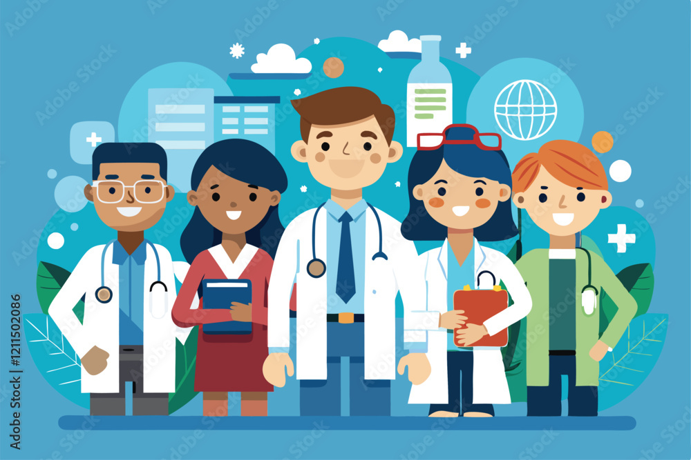 A diverse team of healthcare professionals collaborates happily ...