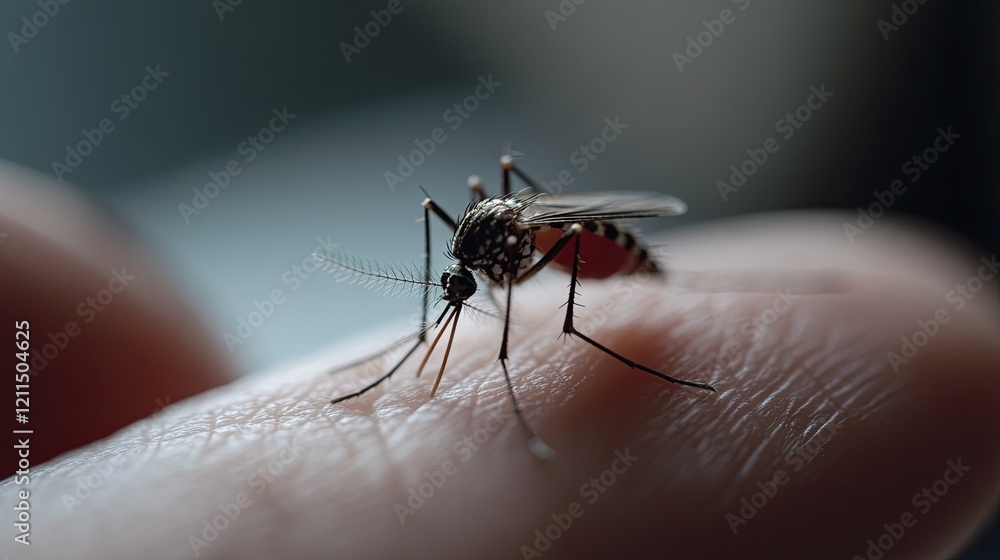 Macro shot of an Aedes aegypti mosquito on human skin, showcasing its detailed anatomy. Common ...