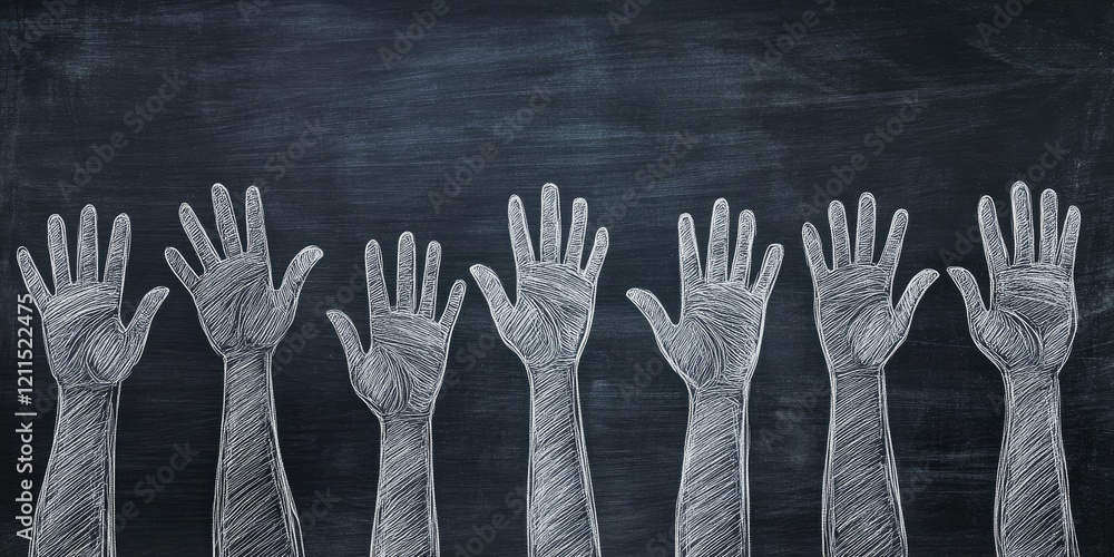Chalkboard backdrop featuring raised hands sketched in white chalk ...