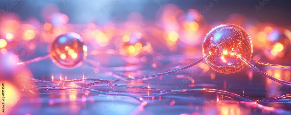 Subatomic particles orbiting through glowing quantum pathways, futuristic visualization of ...