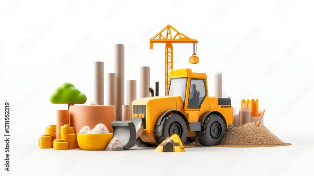 Construction Equipment Model with Crane, Tractor and Materials Stock ...
