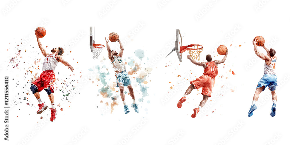 Dynamic basketball players performing slam dunks in vibrant colors ...