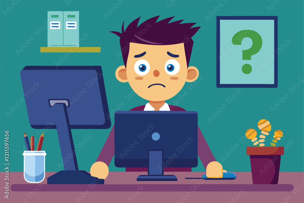 A perplexed character sits at a desk, staring blankly at a computer ...