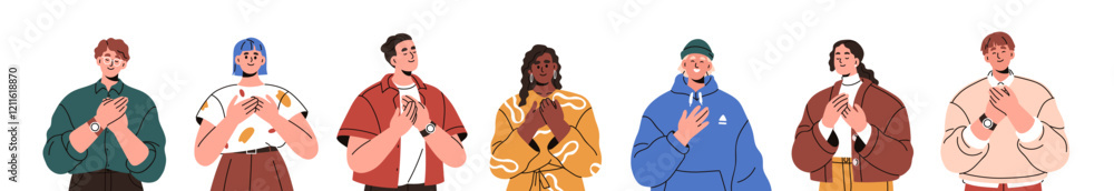 Grateful thankful people set. Gratitude expression with hand gesture on ...