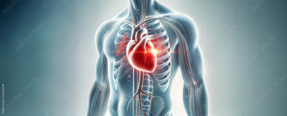 A high-resolution 3D render of human chest anatomy with a glowing heart ...
