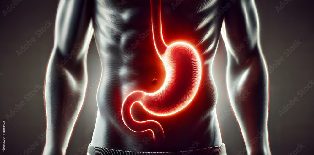 Anatomical visualization of the human stomach illuminated to emphasize ...