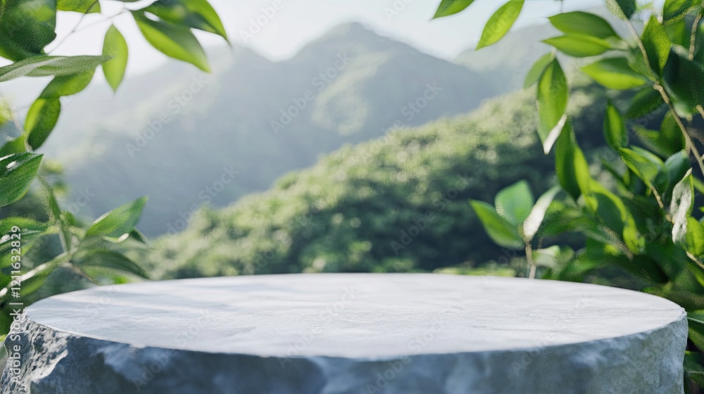 Natural Stone Slab Desk Setting with Soothing Tea Plantation Backdrop ...