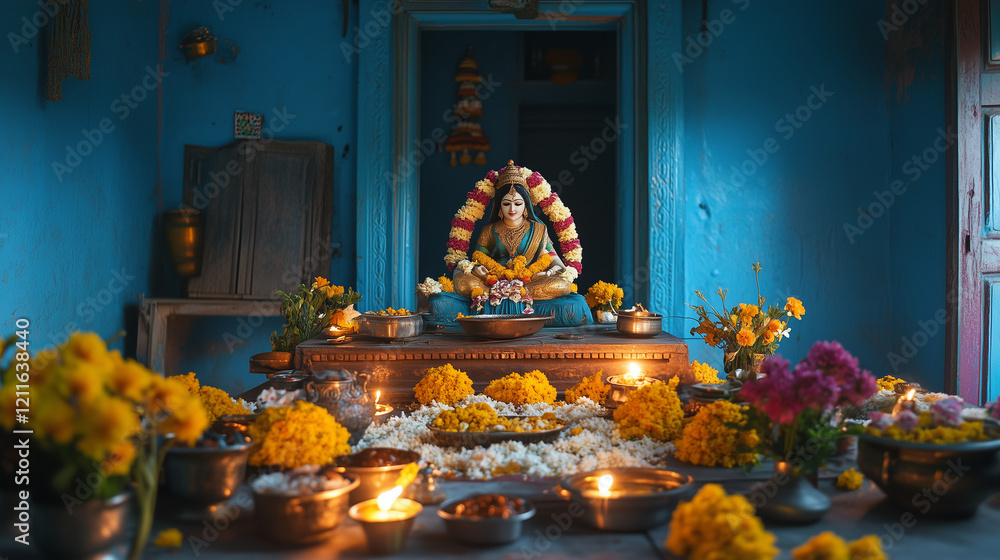 Basoda (Sheetala Ashtami), a simple altar with a statue of Goddess ...