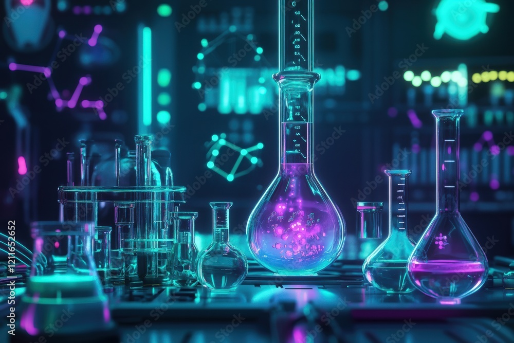 A futuristic lab scene of a glowing chemical reaction with neon liquids ...