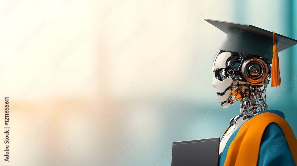 Humanoid Robot in Academic Attire Holding Diploma Symbolic Intersection ...