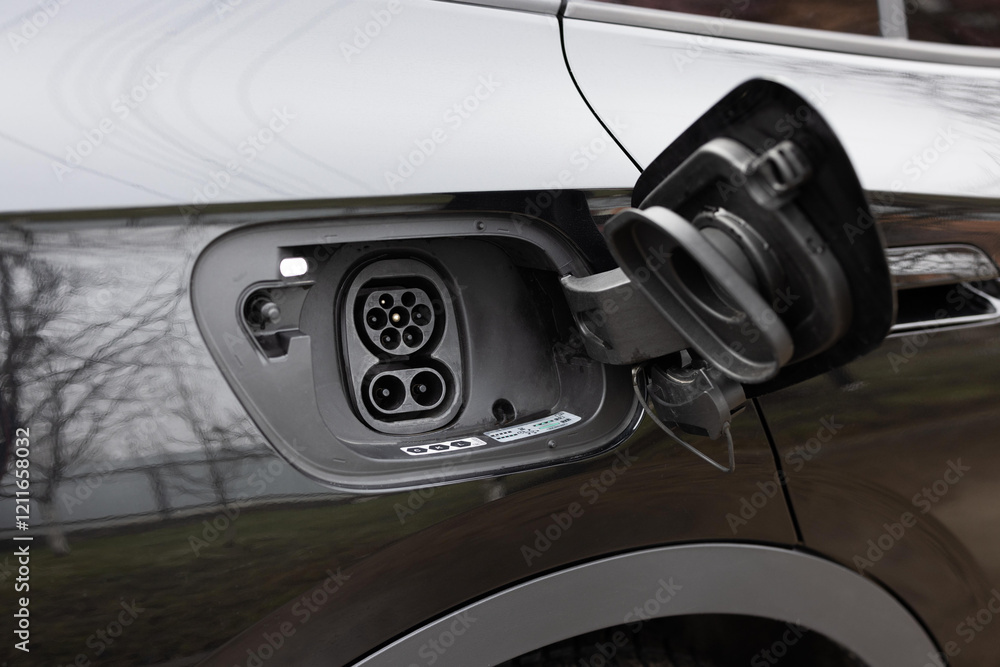 Type 2 CCS plug port on electric vehicle. DC - CCS type 2 EV charging ...