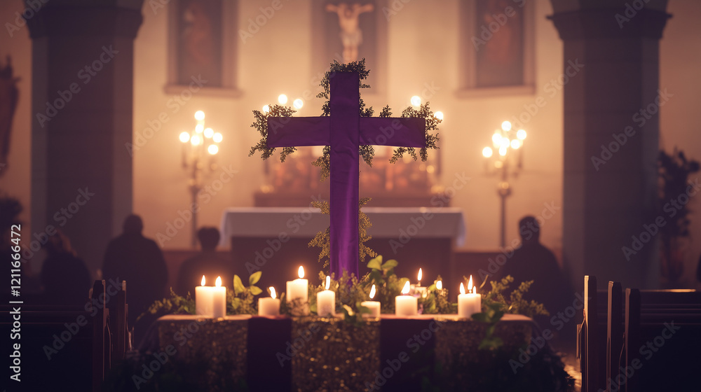 Lent, church atmosphere with candles lit on the altar, a large cross ...