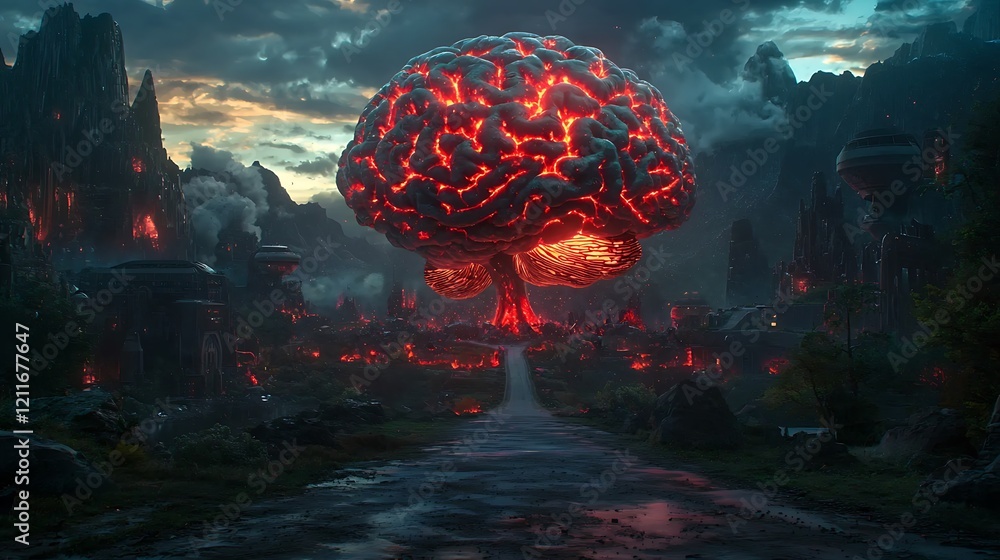 Fiery brain tree in apocalyptic landscape; futuristic city destruction ...