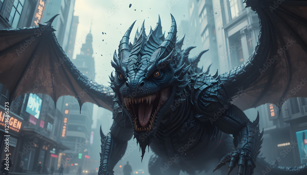 Dark scary and raging dragon destroying the metropolis. Fantasy monster ...
