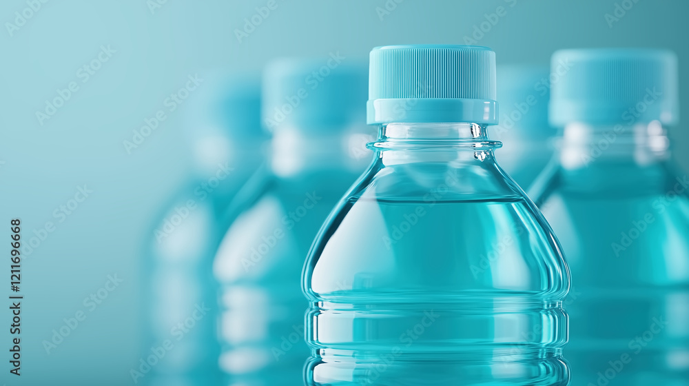 Plastic water bottles with blue caps show clean, transparent hydration ...