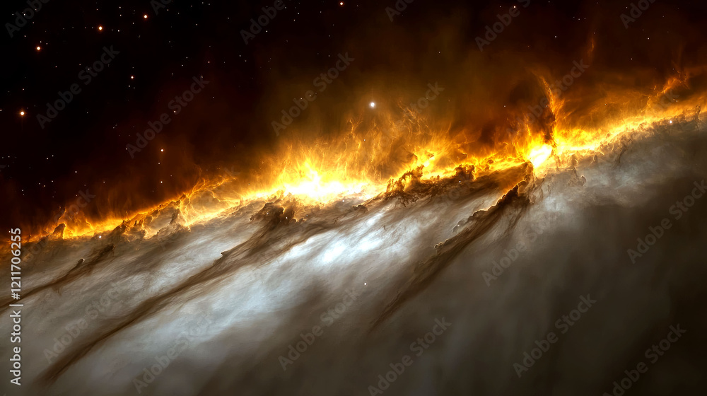 Cosmic Inferno: A fiery nebula explodes with stellar energy, painting a breathtaking cosmic ...