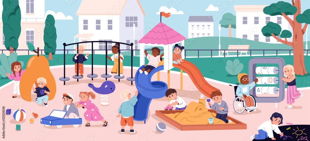 Kids on playground. Happy children leisure time on play ground outside ...