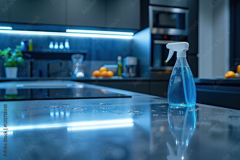 Sanitizing Kitchen Table Surface with Disinfectant Spray Bottle and ...