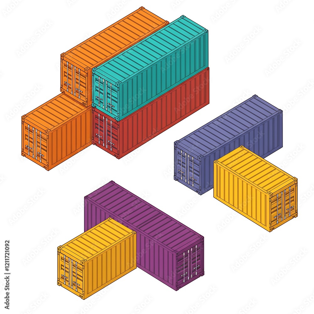 Isometric style, different colors of shipping containers stacked on top ...
