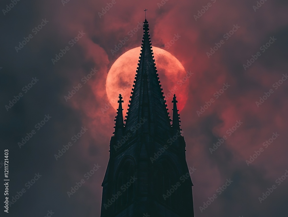 Blood moon looms behind a gothic church spire against a cloudy night ...