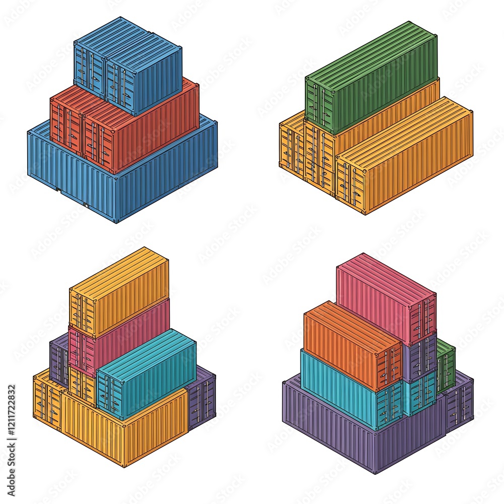 Isometric style, different colors of shipping containers stacked on top ...