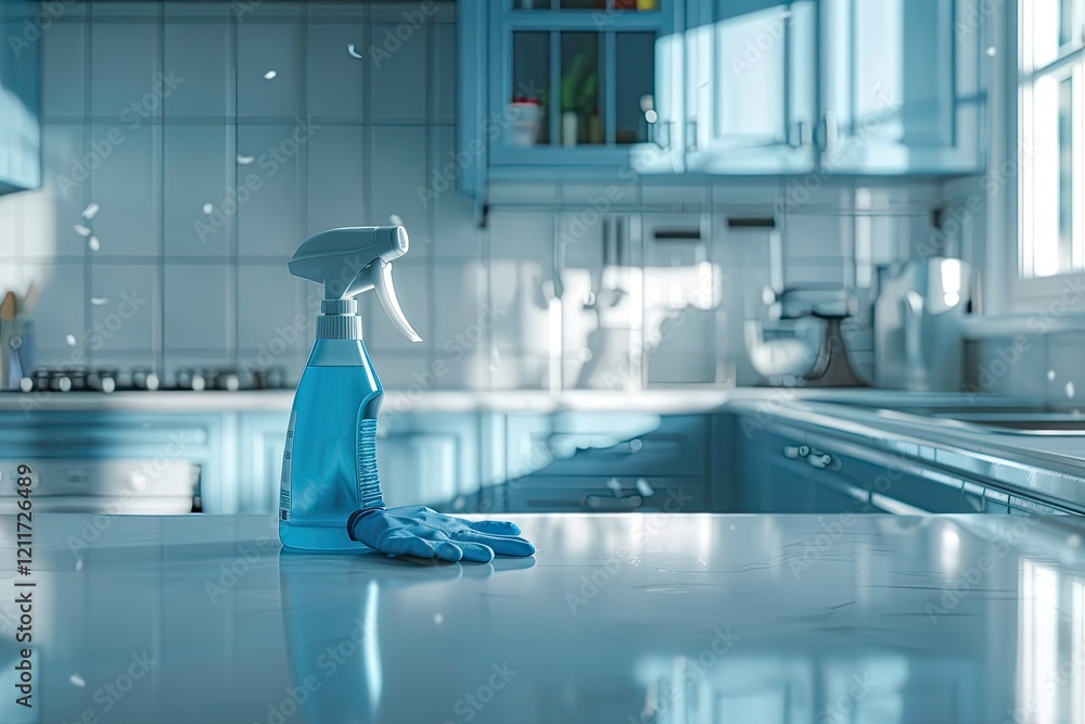 Sanitizing Kitchen Table Surface with Disinfectant Spray Bottle and ...