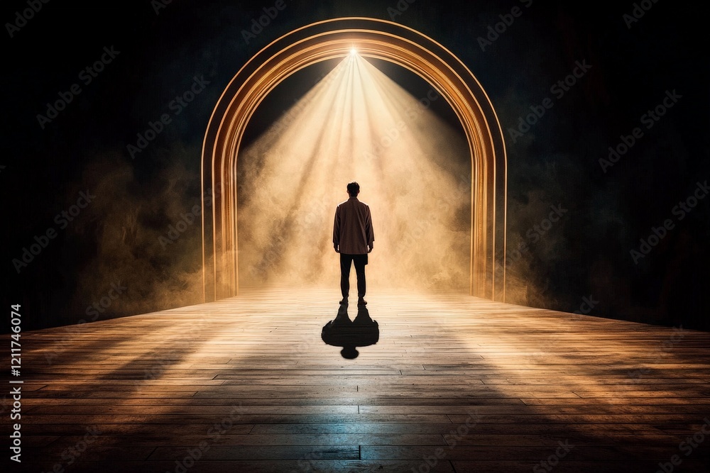 Solo opera singer standing confidently under an arched spotlight ...