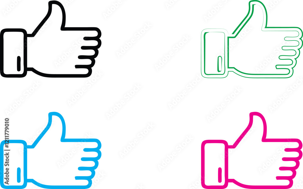 Minimalist thumbs up icons, flat design, circular outlines, social ...