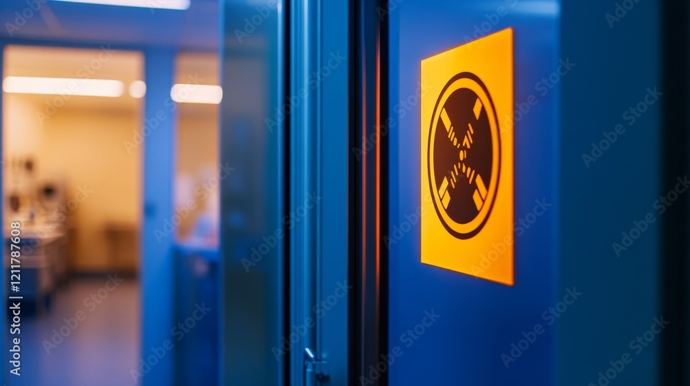 Caution sign on a blue door in a laboratory, indicating safety ...