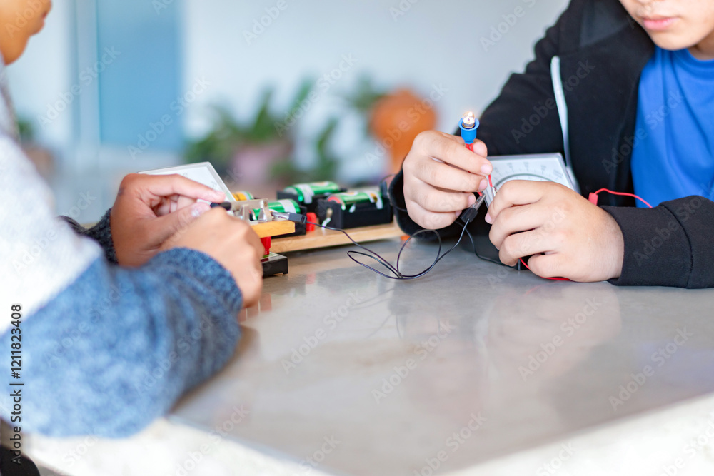 Children are studying electrical circuit systems by experimenting with ...