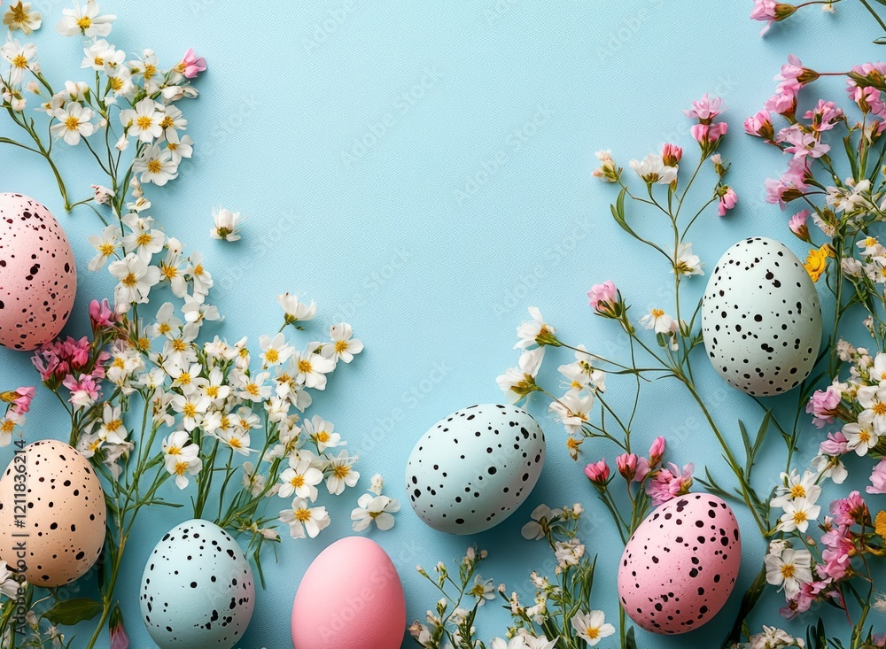 Pastel easter eggs and spring flowers creating a beautiful border on ...