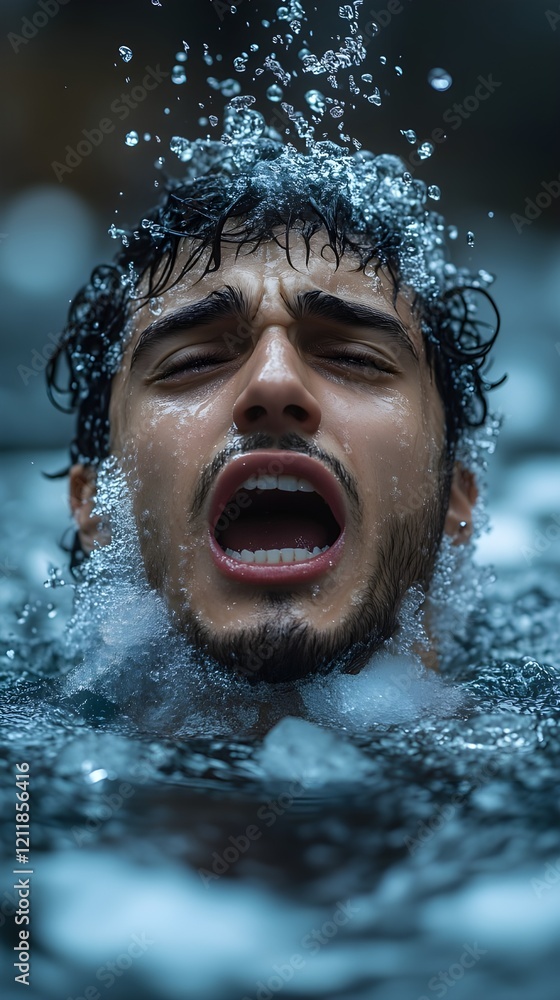 underwater portrait, man's face emerging from water, mouth wide open ...