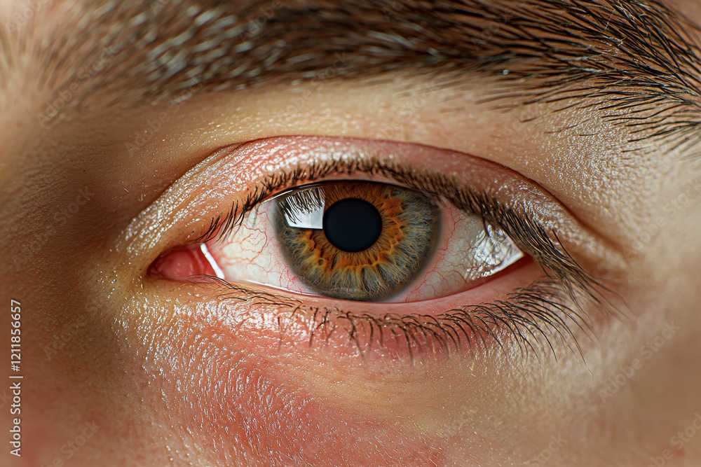 Patient displays severe eye allergy symptoms with noticeable redness ...