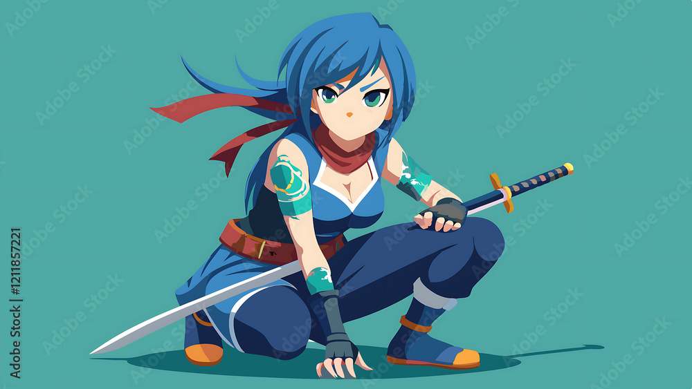 Anime girl samurai warrior crouching with katana sword. Stock Photo ...