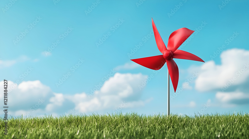 Red pinwheel spinning in grassy field under blue sky with clouds ...
