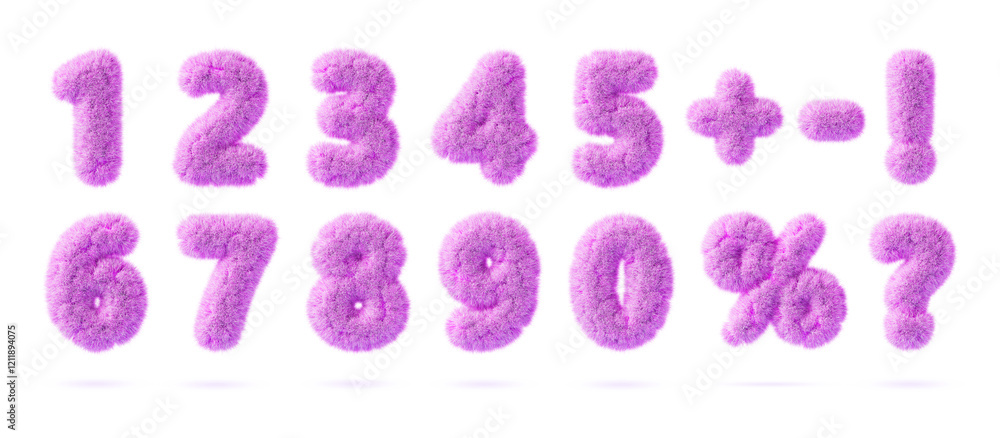 3d pink fur fluffy numbers font from 0 to 9, furry percent sign ...