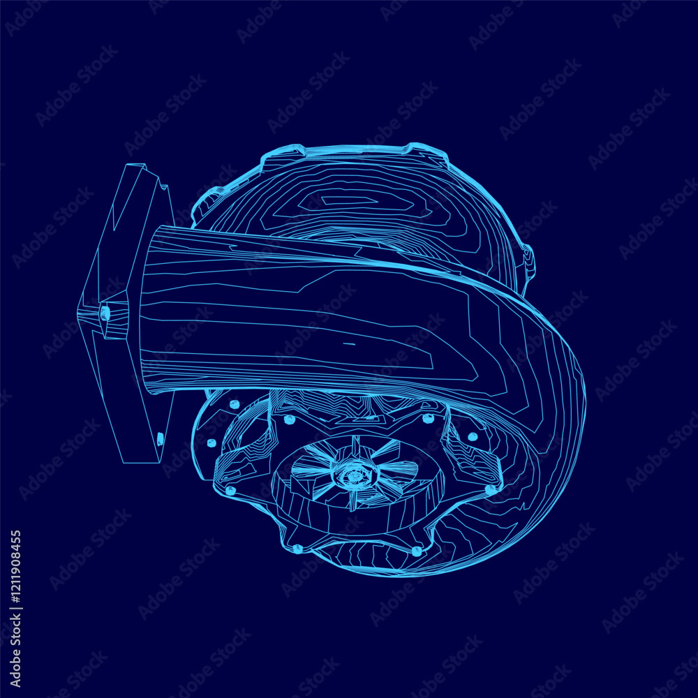 Blue drawing of a car turbo part of engine with a turbo. The drawing is ...