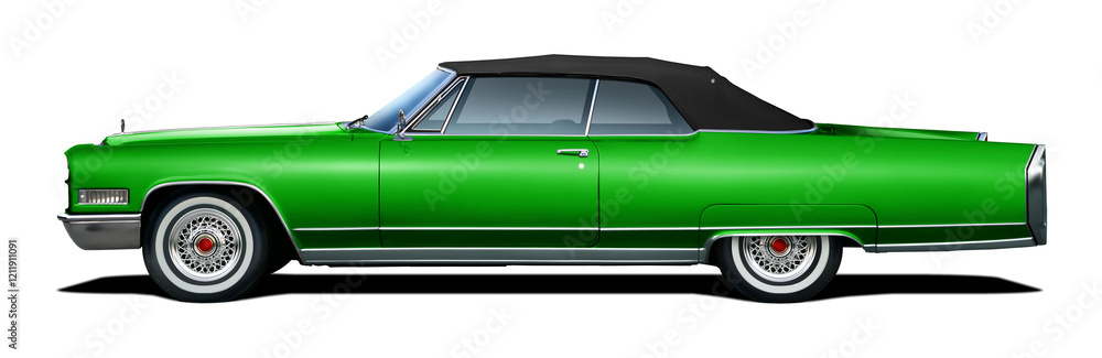 Large green vintage American convertible. Side view with black soft top ...