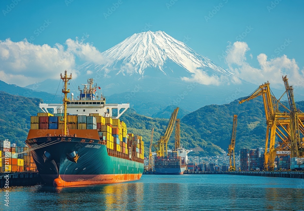 Majestic Mount Fuji Overlooking a Busy Port with a Container Ship and ...