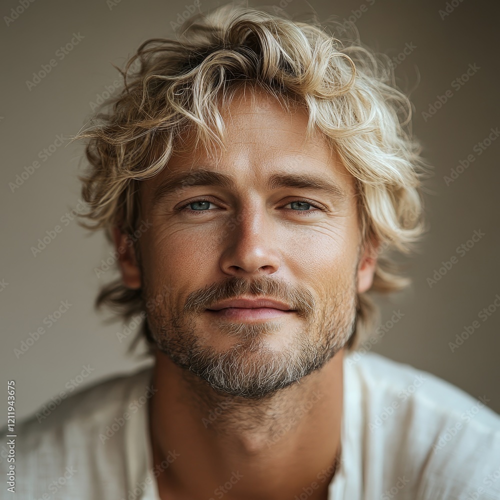 authentic portrait of blond softly smiling man is 40 years old with ...