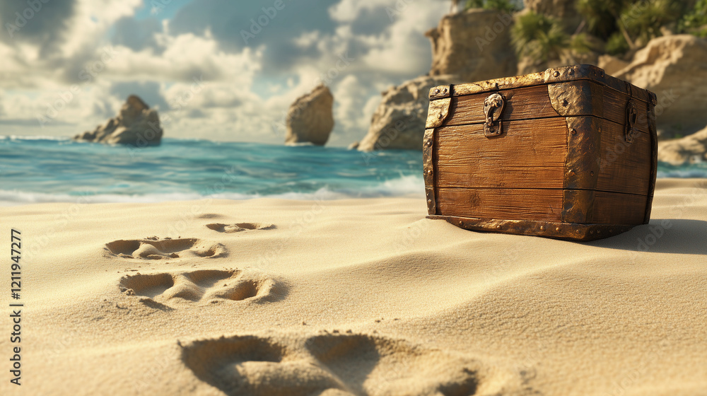 A treasure hunt scene with footprints in the sand leading to a ...