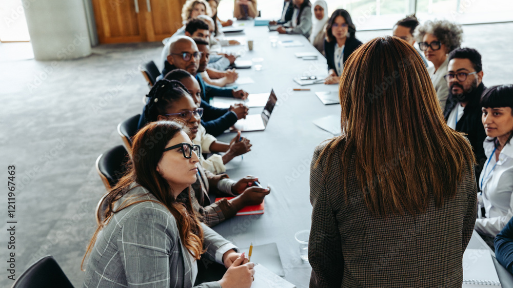 Manager leading business meeting with diverse team at large conference ...