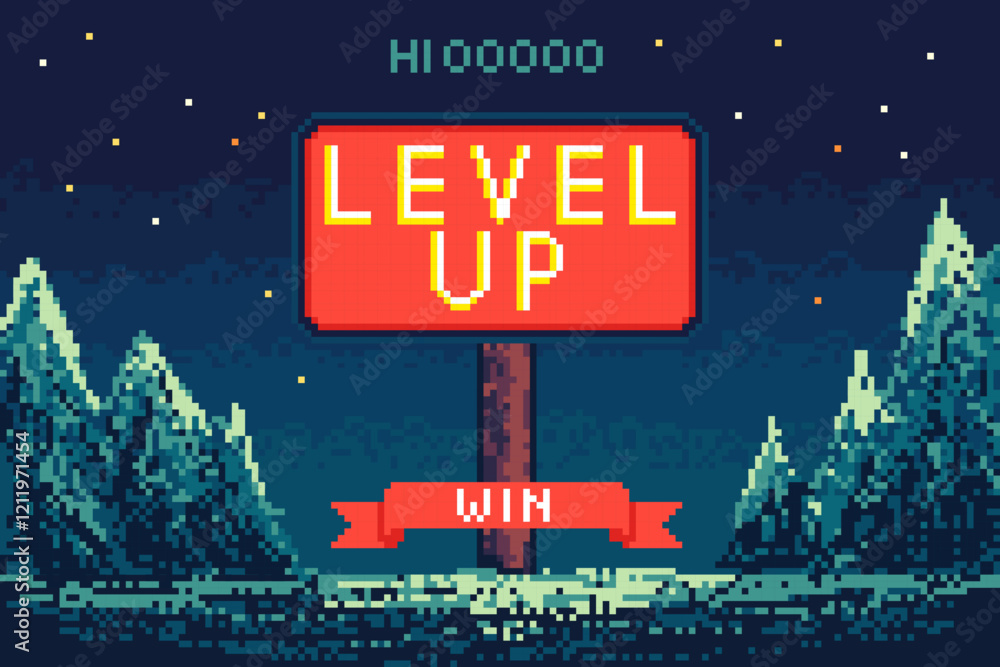 Cartoon Color Pixelated 8 Bit Level Up Screen Background Arcade Interface. Vector illustration ...