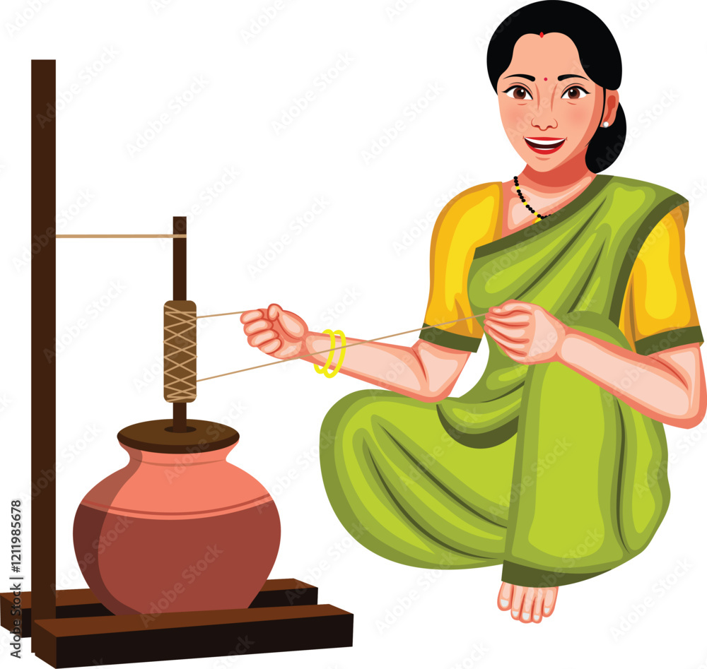 Indian Village Woman Making Ghee in Bilona Vector Illustration Stock ...