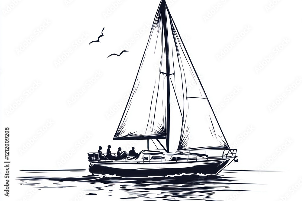 Hand-drawn sketch of sailboat on ocean with people onboard. Stock ...
