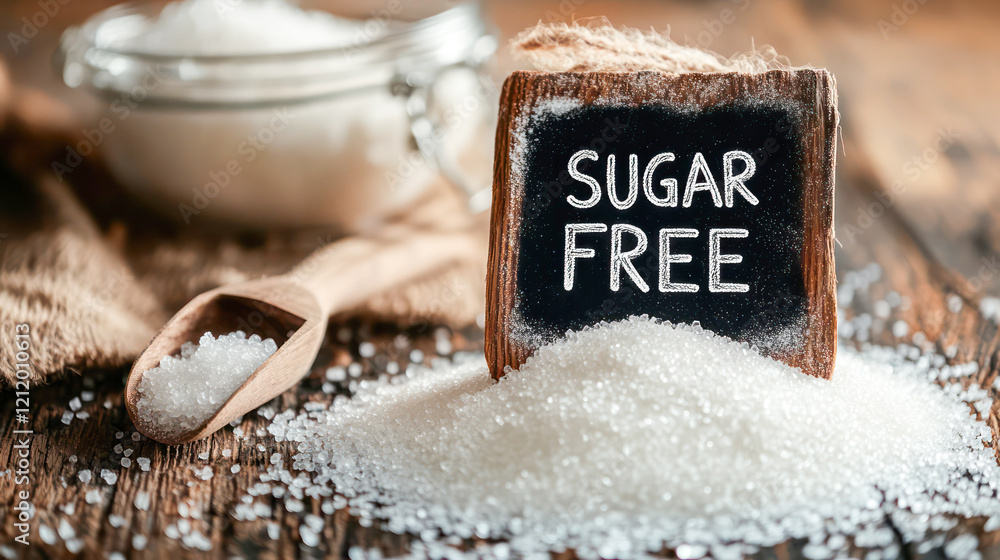 White sugar and words sugar free letters written in sugar grains on ...