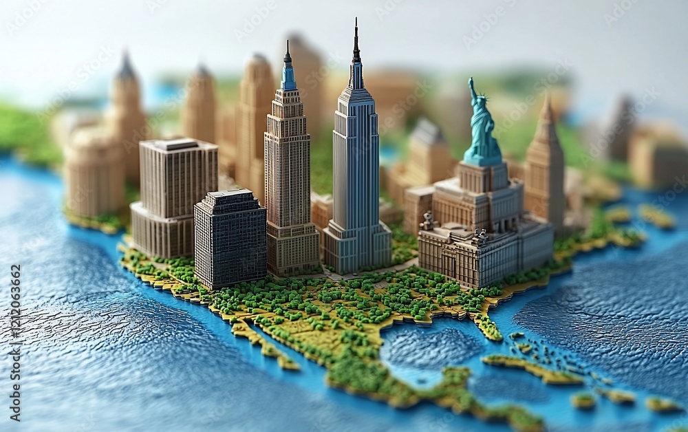 Miniature New York City skyline on US map. Stock Illustration | Adobe Stock