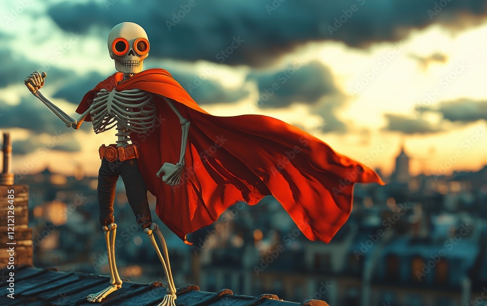 Superhero skeleton in a bright cape and mask, striking a heroic pose on ...